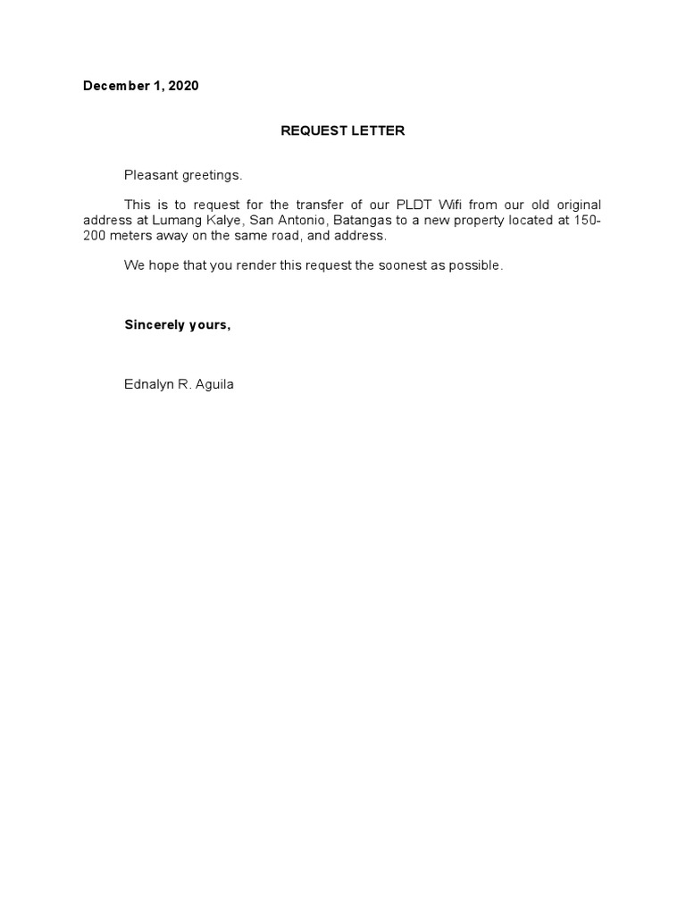 Request to Transfer PLDT Wifi Service to a New Property Located 150-200 ...