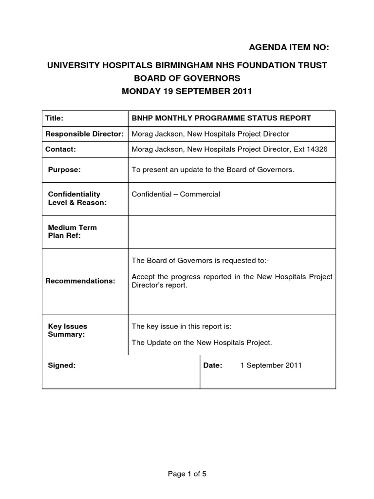 BNHP Monthly Programme Status Report | PDF | Hospital And Clinic | Business