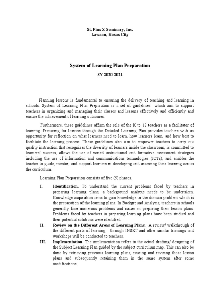 System of Learning Plan Preparation | PDF | Teachers | Learning