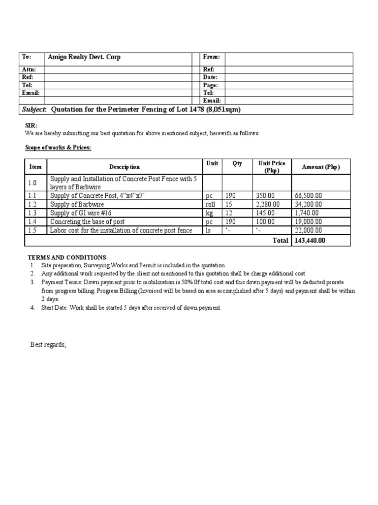 Quotation For The Perimeter Fencing of The Property2 - Rev01 | PDF