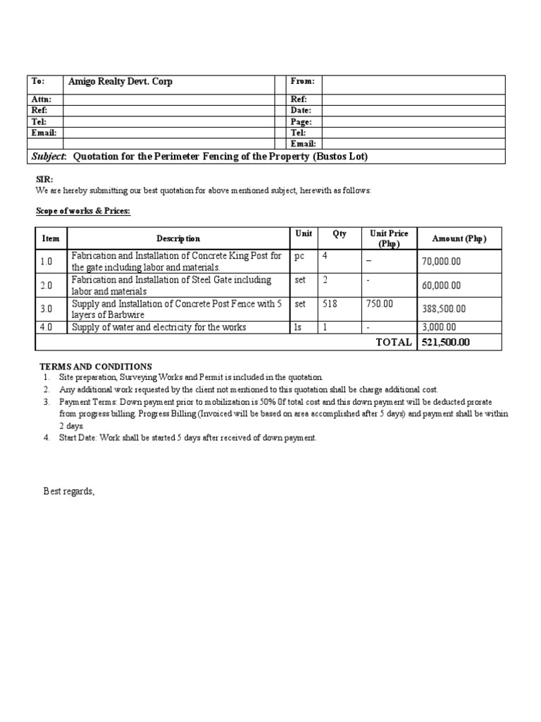 Quotation For The Perimeter Fencing of The Property | Business