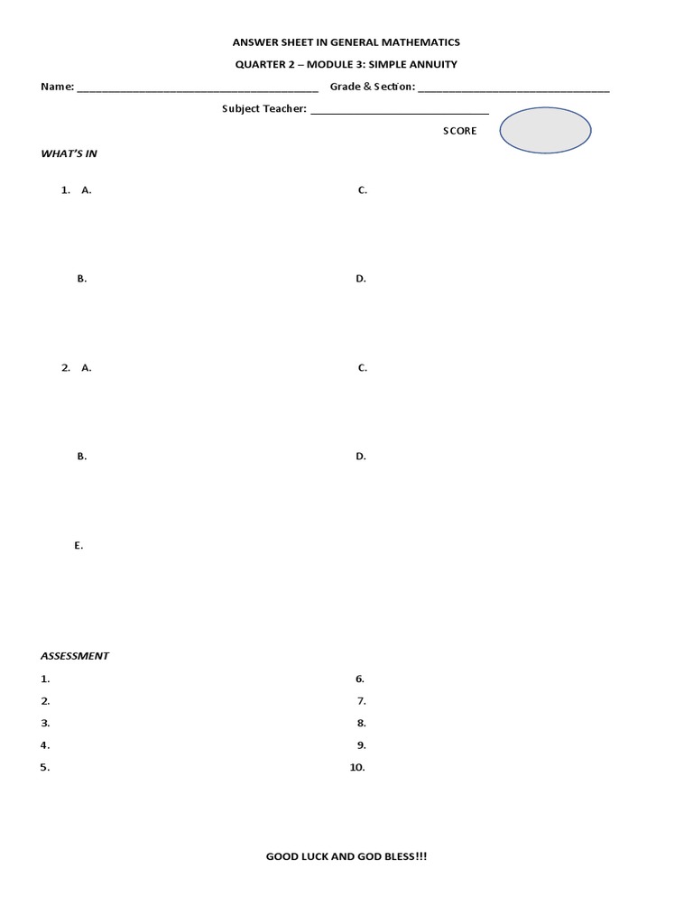 Answer Sheet in General Mathematics m3 | PDF