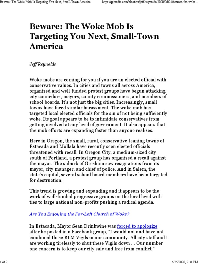 Woke Mob Threatens Small-Town Officials | PDF | Social Science ...