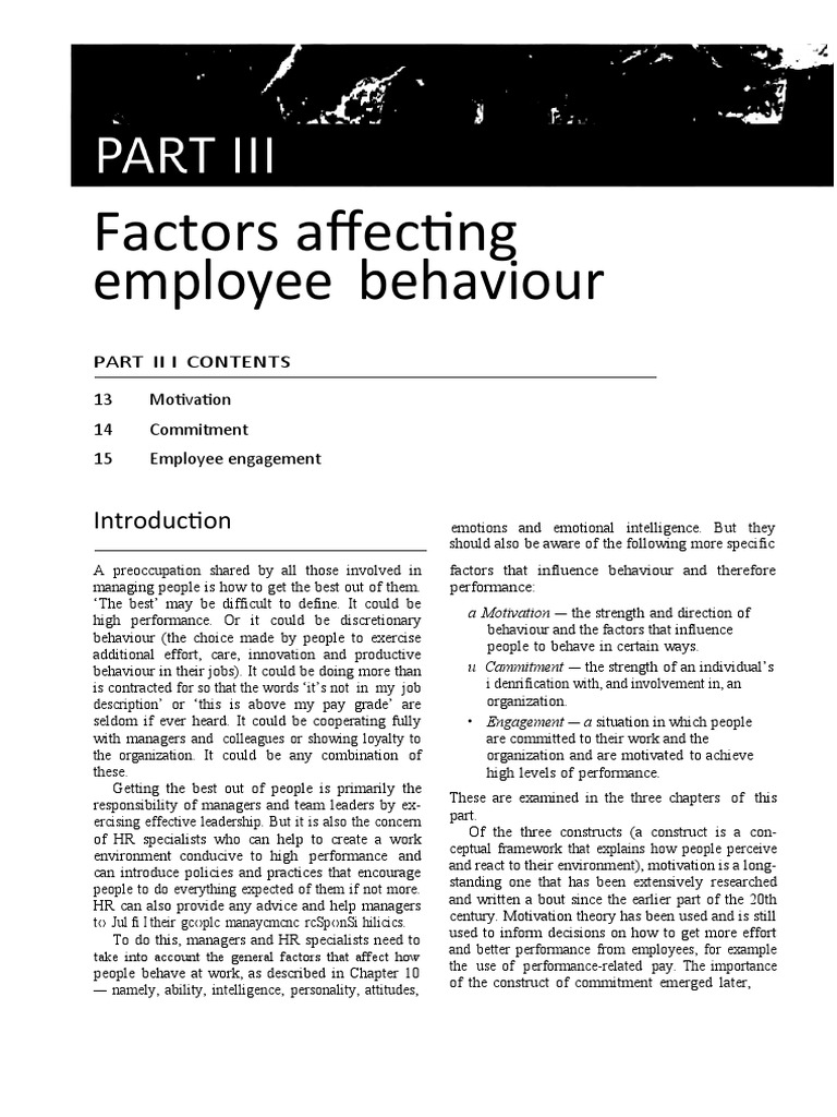 Factors Affecting Employee Behaviour: Part Ii I Contents 13 Motivation ...