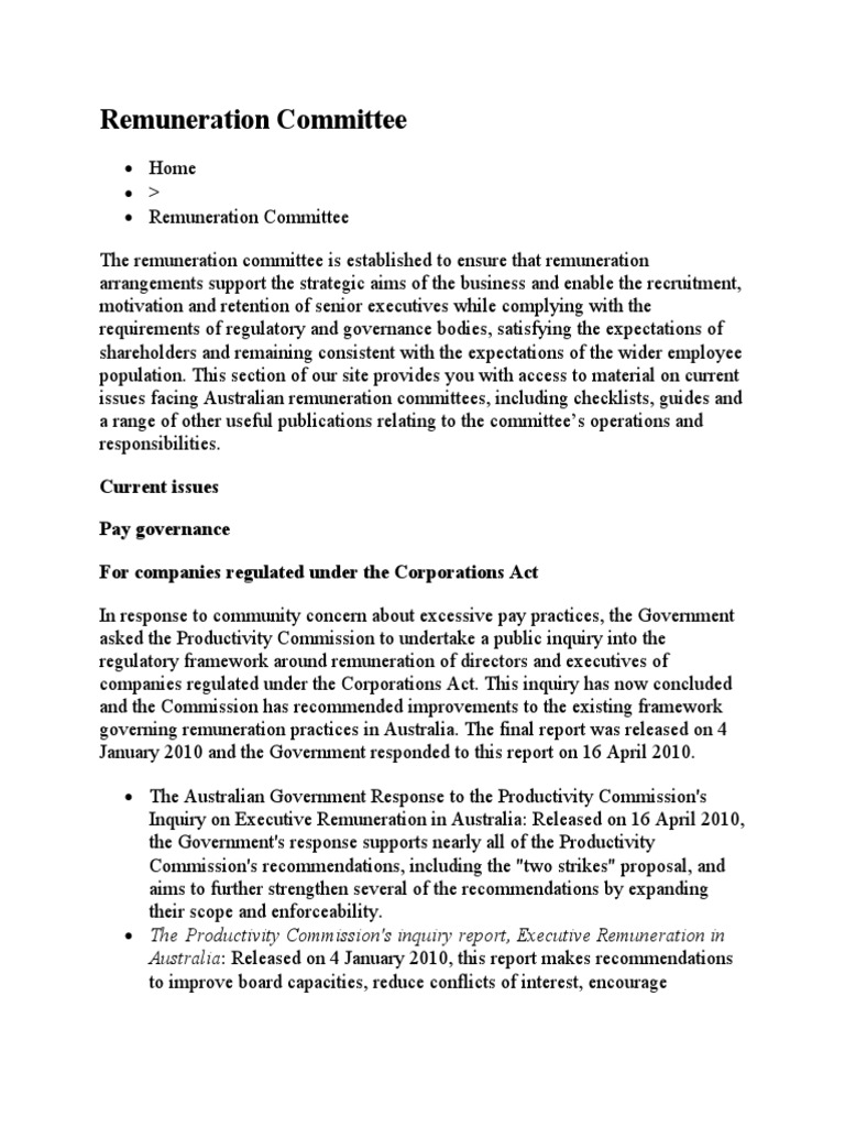 Remuneration Committee: Current Issues Pay Governance For Companies ...
