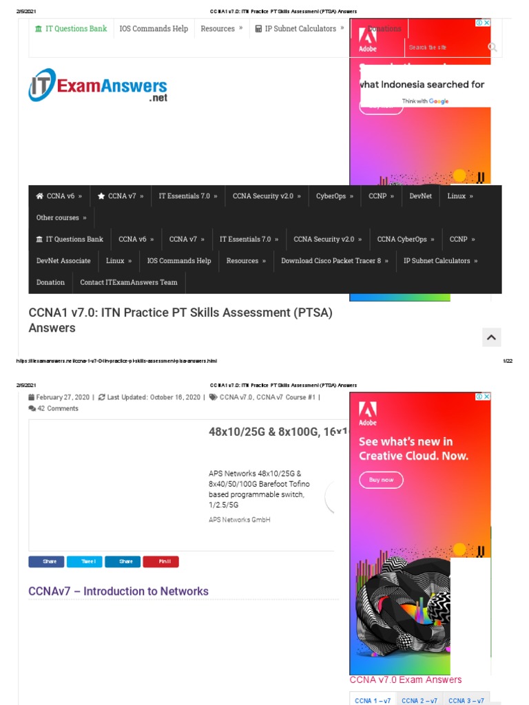 CCNA1 v7.0 - ITN Practice PT Skills Assessment (PTSA) Answers | PDF | Ip Address | I Pv6