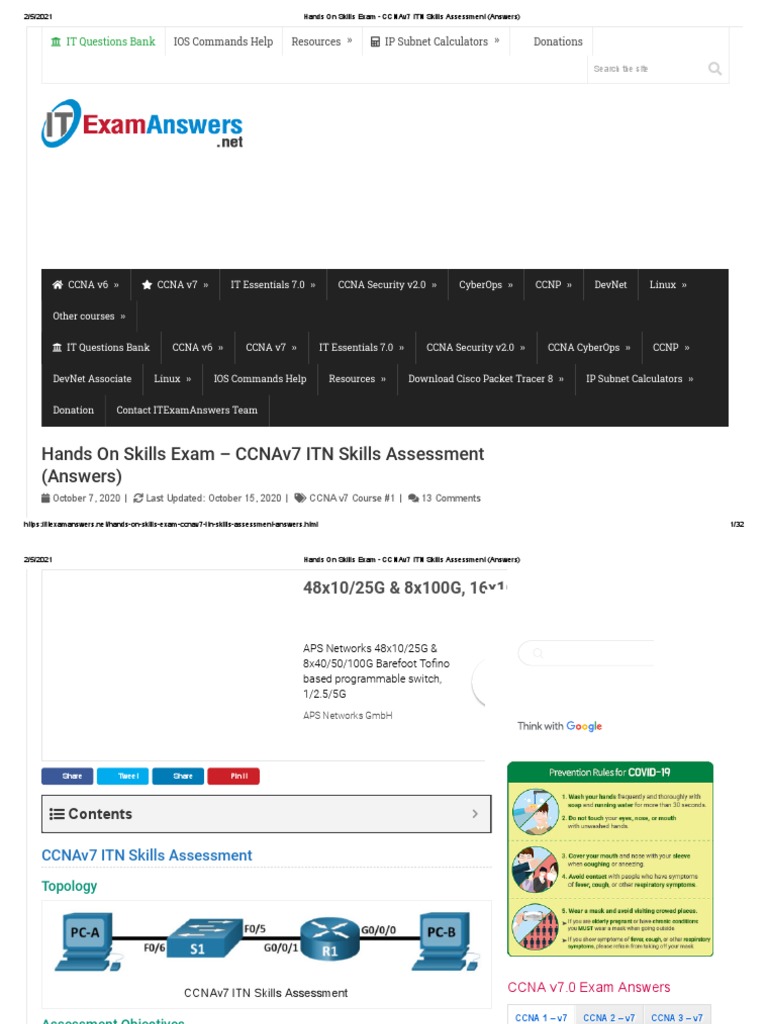 Hands On Skills Exam - CCNAv7 ITN Skills Assessment (Answers) | PDF | I ...