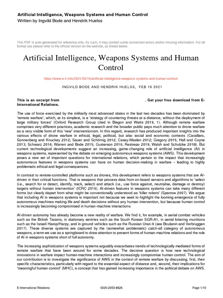 Artificial Intelligence Weapons Systems and Human Control | PDF | Artificial Intelligence ...