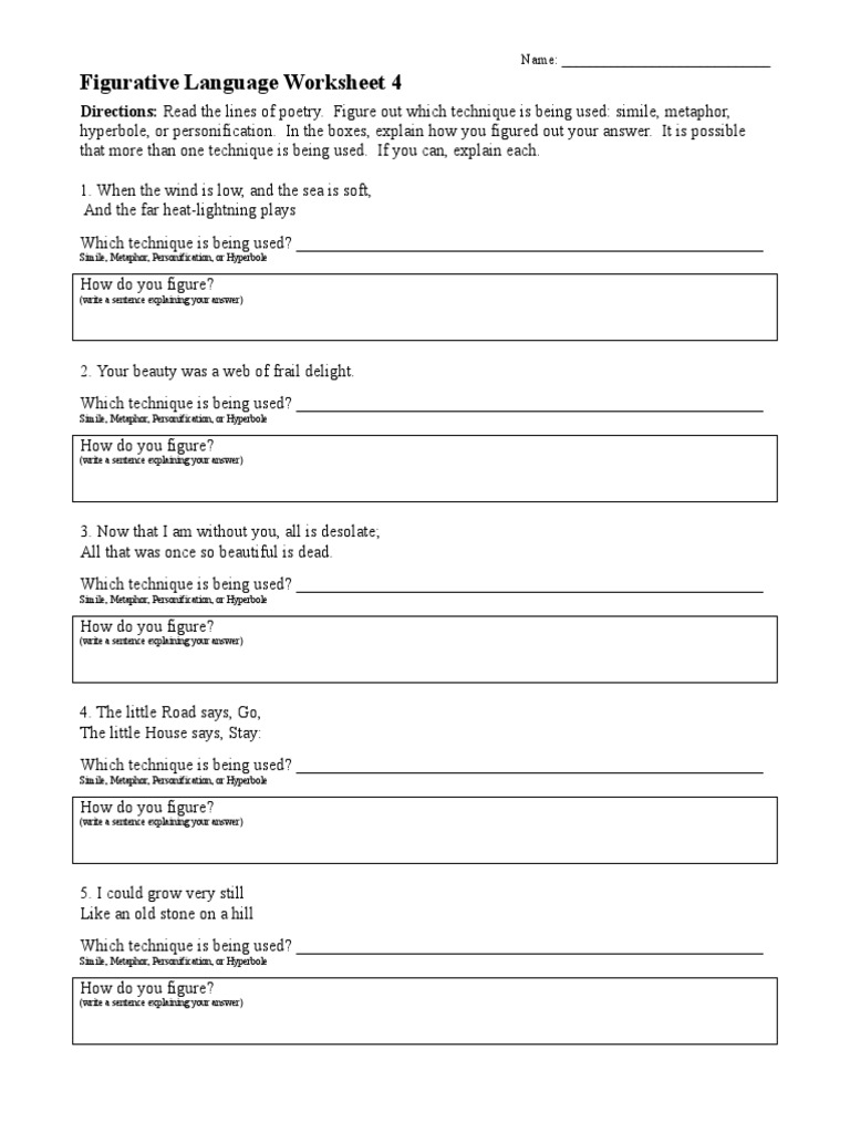 Figurative Language Worksheet 04 | PDF | Metaphor | Poetic Devices