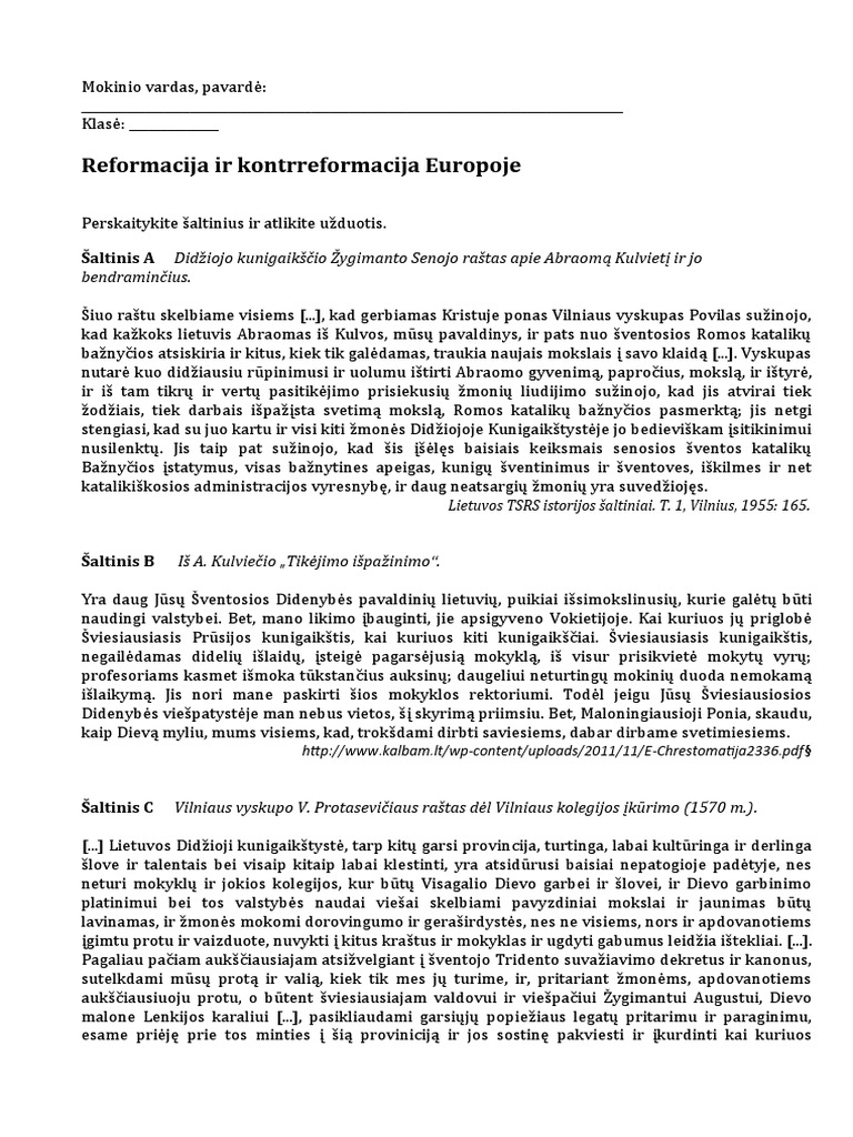 Reformacija Ir Kontrreformacija Europoje | PDF