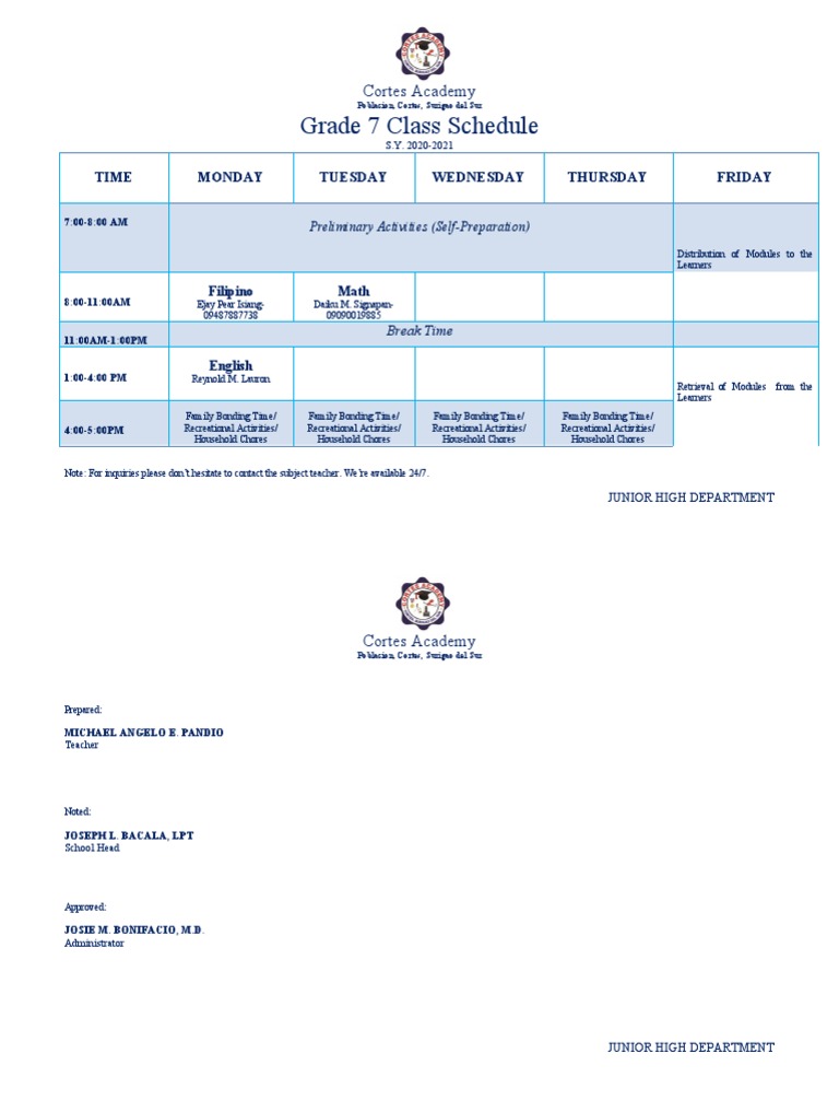 Grade 7 Class Schedule. Teacher's | PDF