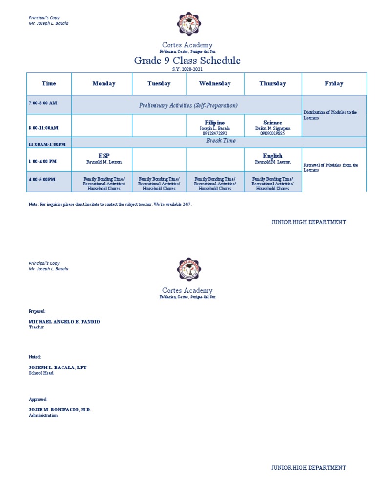Grade 9 Class Schedule. Teacher's | PDF