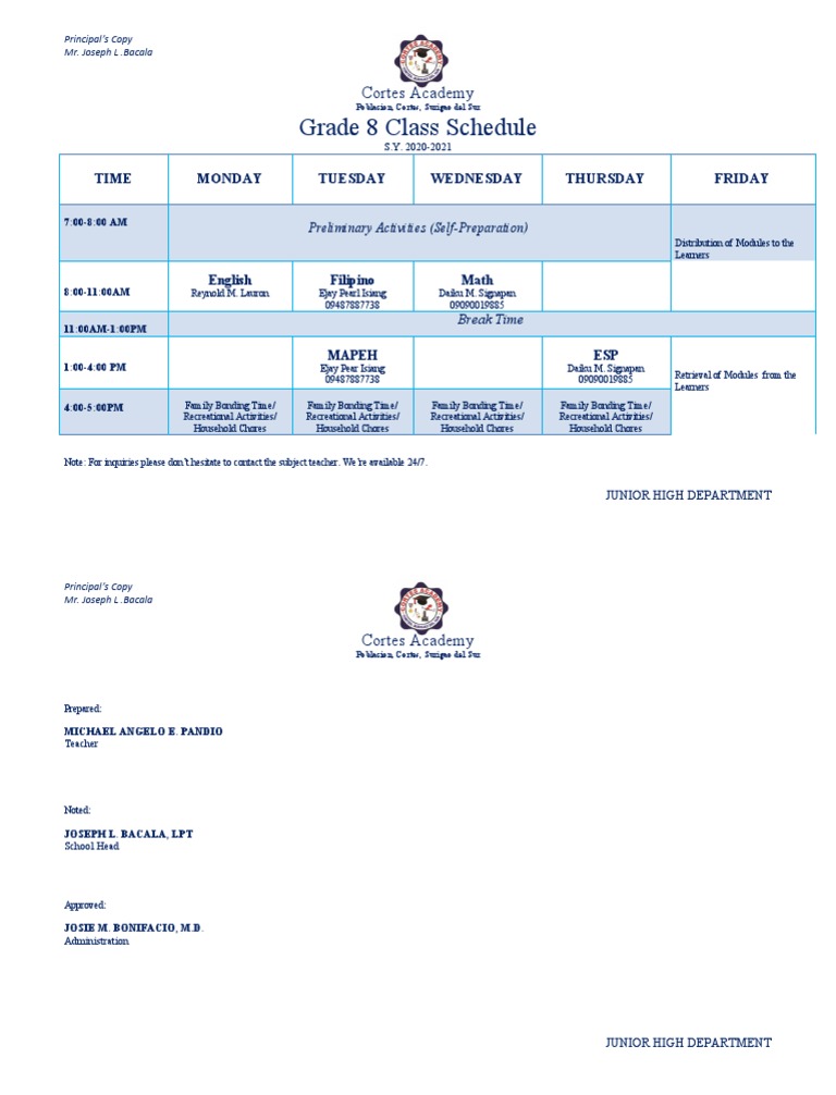Grade 8 Class Schedule 2020-2021 | PDF