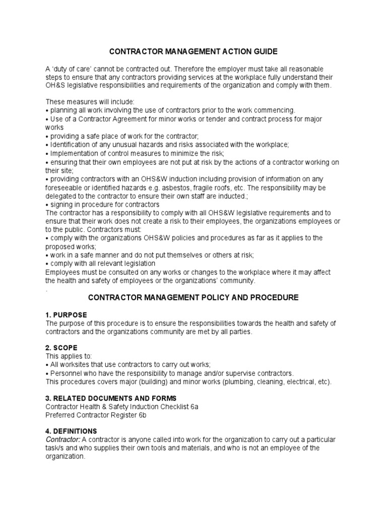 Contractor Management Action Guide | PDF | Occupational Safety And ...
