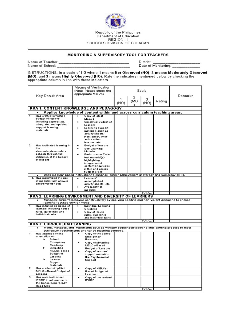 Monitoring Supervisory Tool For Teachers | PDF | Educational Assessment ...