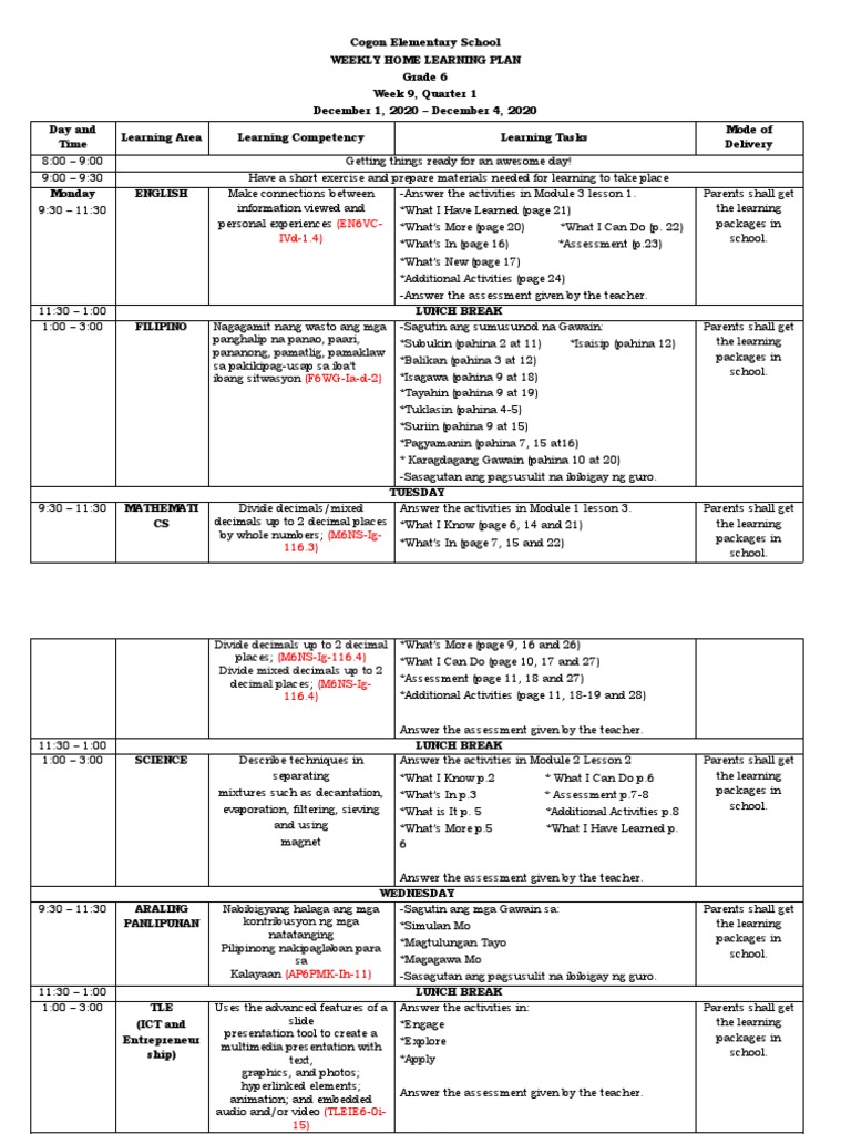 Weekly Plan Week 9 | PDF