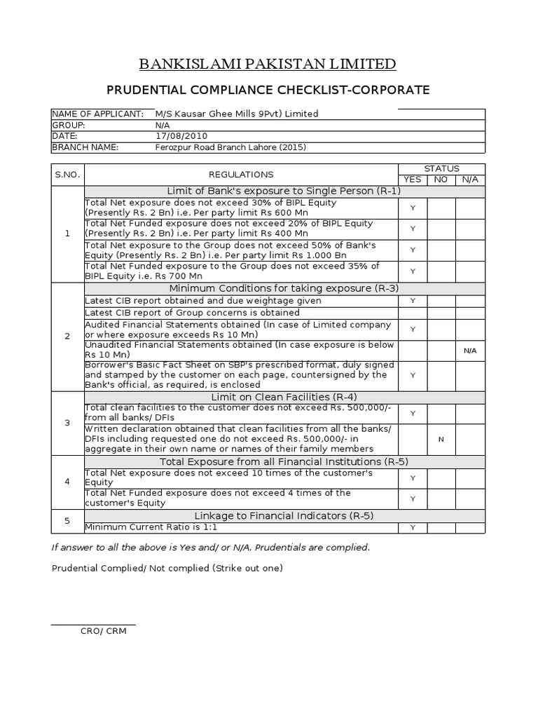 Bankislami Pakistan Limited: Prudential Compliance Checklist-Corporate ...