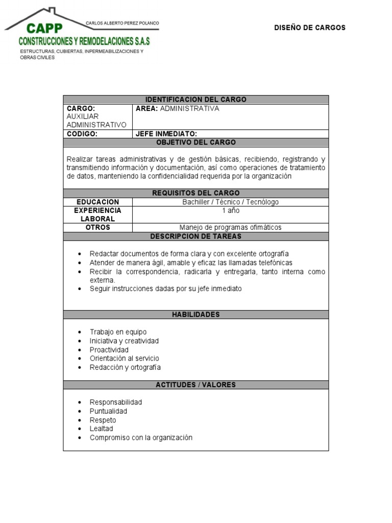 Descripcion de Cargo (Auxiliar Administrativo) | PDF