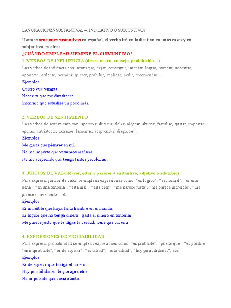 Oraciones sustantivas: indicativo vs subjuntivo | PDF | Verbo | Oración ...