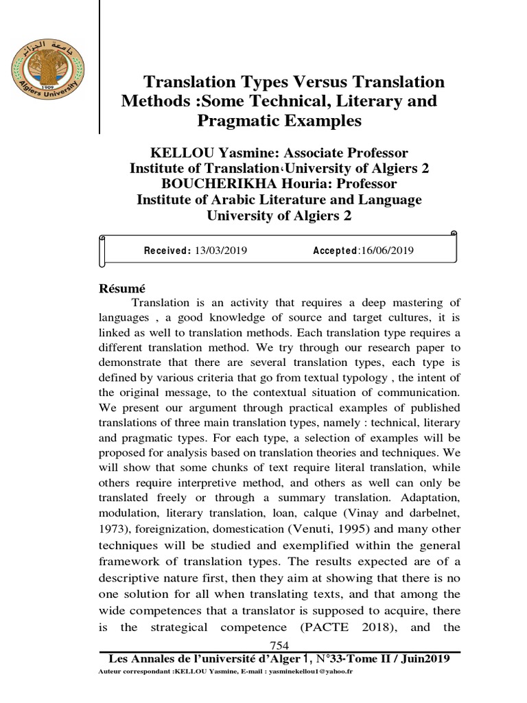 Translation Types Versus Translation Methods - Some Technical Literary ...