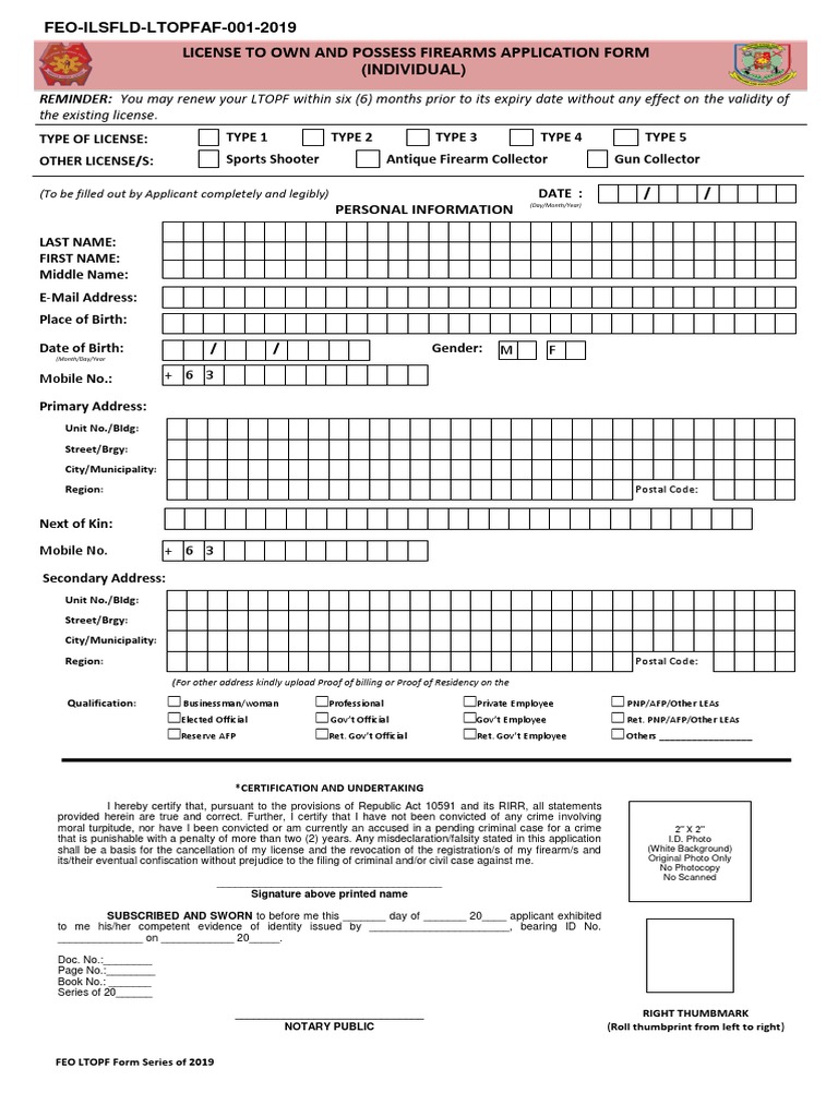License To Own and Possess Firearms Application Form: FEO-ILSFLD ...