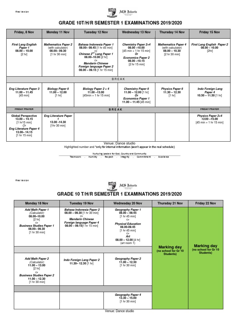 GRADE 10 THR SEM 1EXAM Timetable 2019-2020 Final (14 - 10-19) | PDF