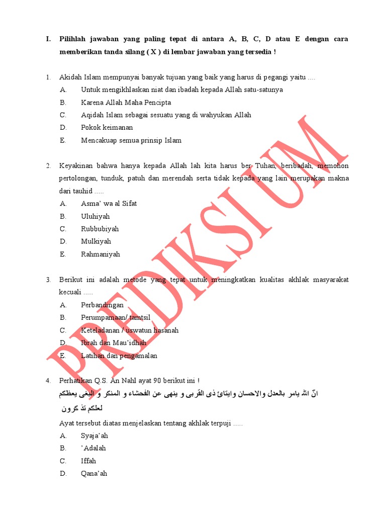 I. Pilihlah Jawaban Yang Paling Tepat Di Antara A, B, C, D Atau E Dengan Cara Memberikan Tanda ...