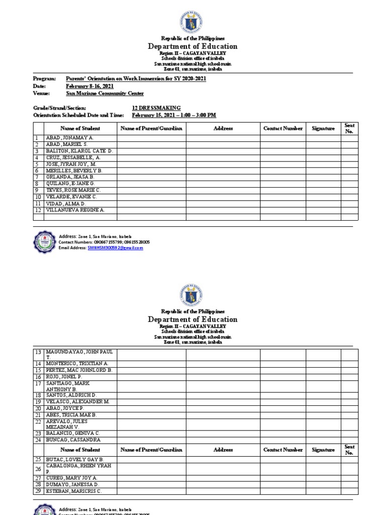 Attendance Sheet Work Immersion Sy2021-22 | PDF