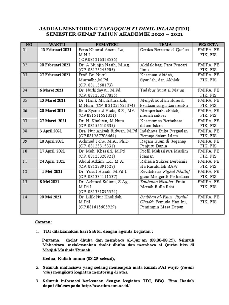 Jadwal Kegiatan Tdi Semester Genap 2020-2021 | PDF