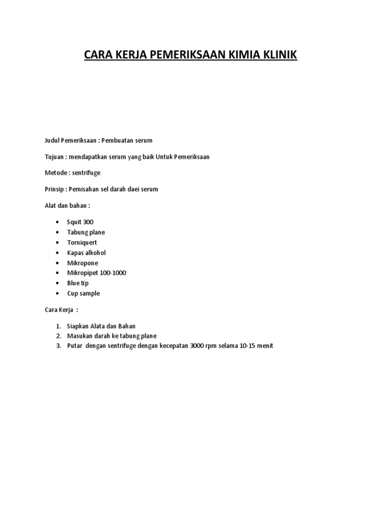 Cara Kerja Pemeriksaan Kimia Klinik Pdf
