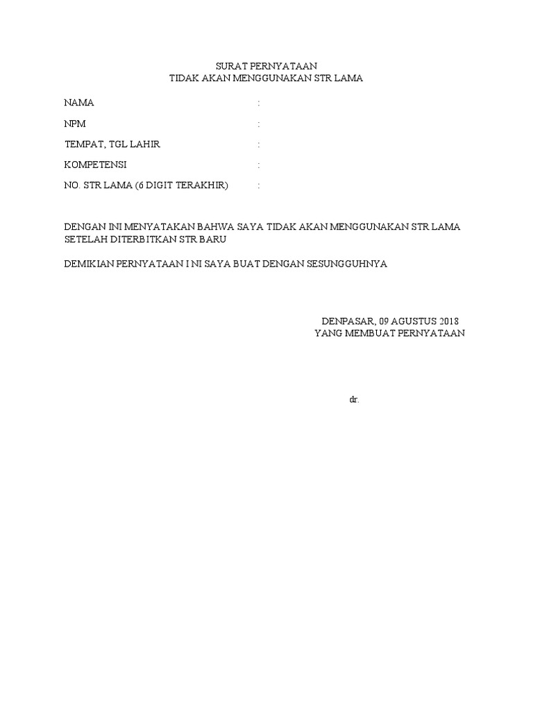 Surat Pernyataan Tidak Menggunakan STR Lama | PDF