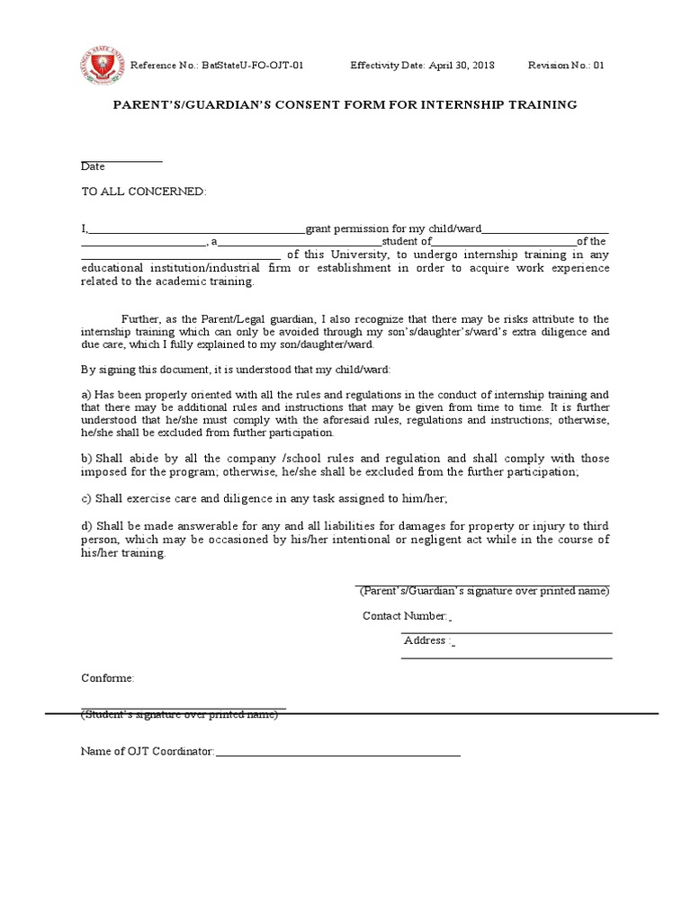 Parent'S/Guardian'S Consent Form For Internship Training | PDF