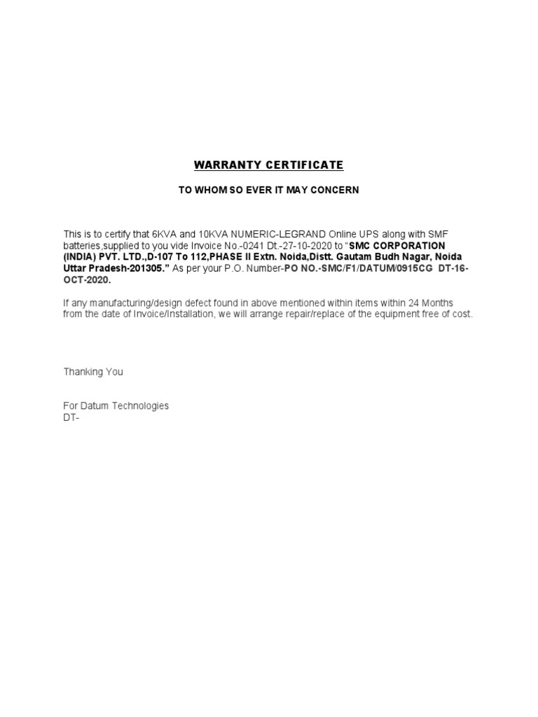 Warranty Certificate for Numeric-LEGRAND UPS | PDF