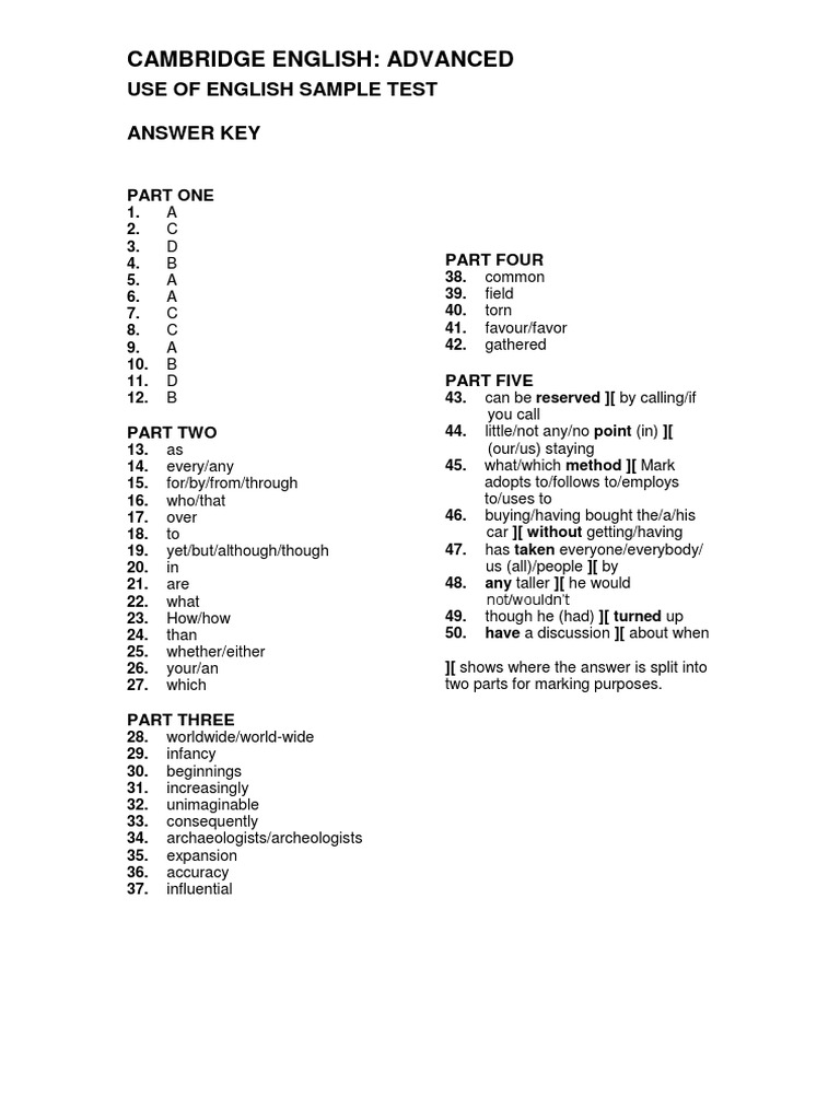 Cambridge English Advanced Use of English Sample Test Answer Key | PDF