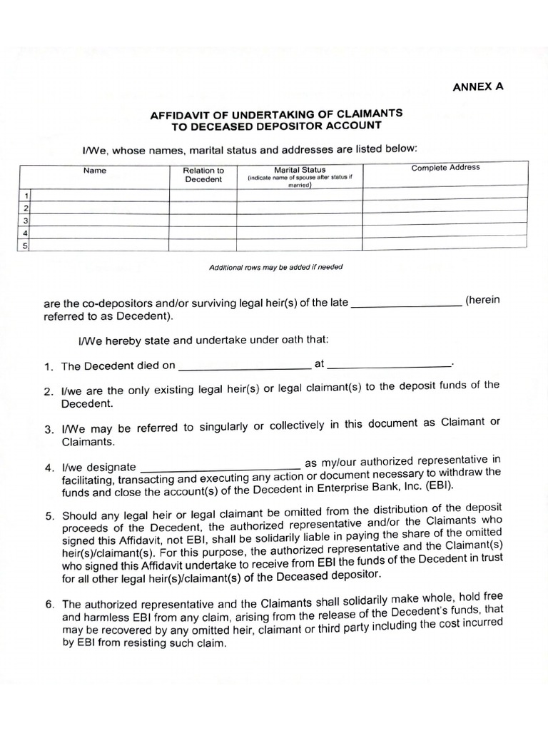 Affidavit of Undertaking For Bank Claim | PDF