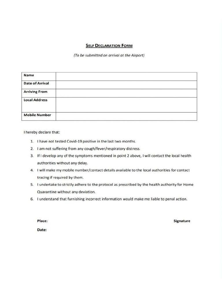 Self Declaration Form Air Travel | PDF