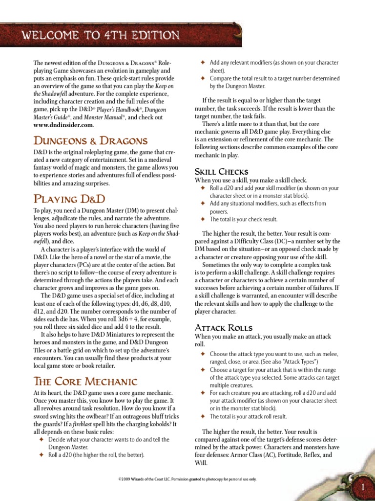 D&D RPG Starter Set Quickstart (4e) | PDF | Dungeons & Dragons | D20 System