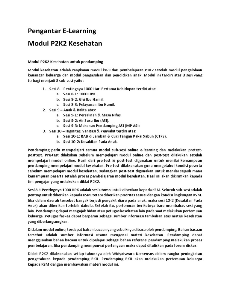 Pengantar E-Learning Modul P2K2 Kesehatan | PDF