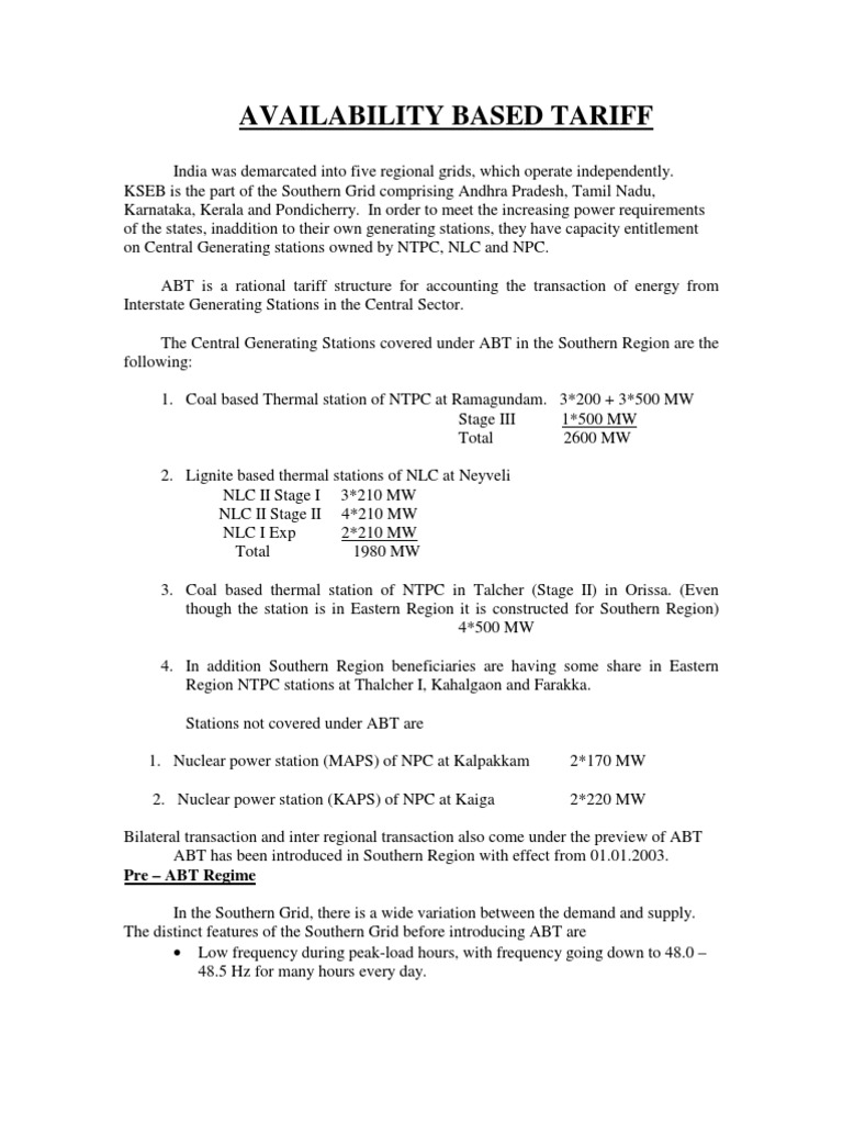Availability Based Tariff: Pre - ABT Regime | PDF | Electrical Grid ...