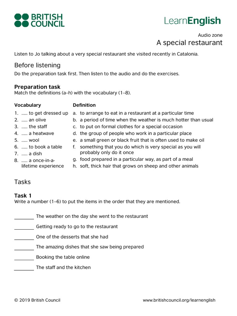 Before Listening: A Special Restaurant | PDF | Tableware | Food And Drink