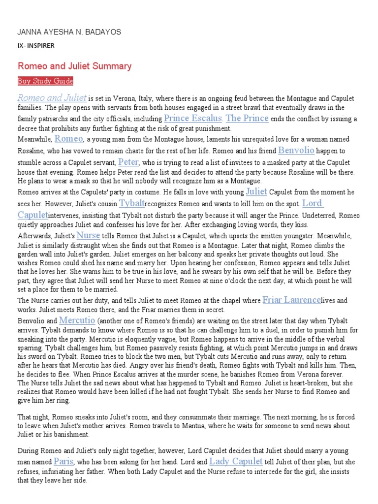 Romeo and Juliet Summary | PDF | Characters In Romeo And Juliet | Love ...