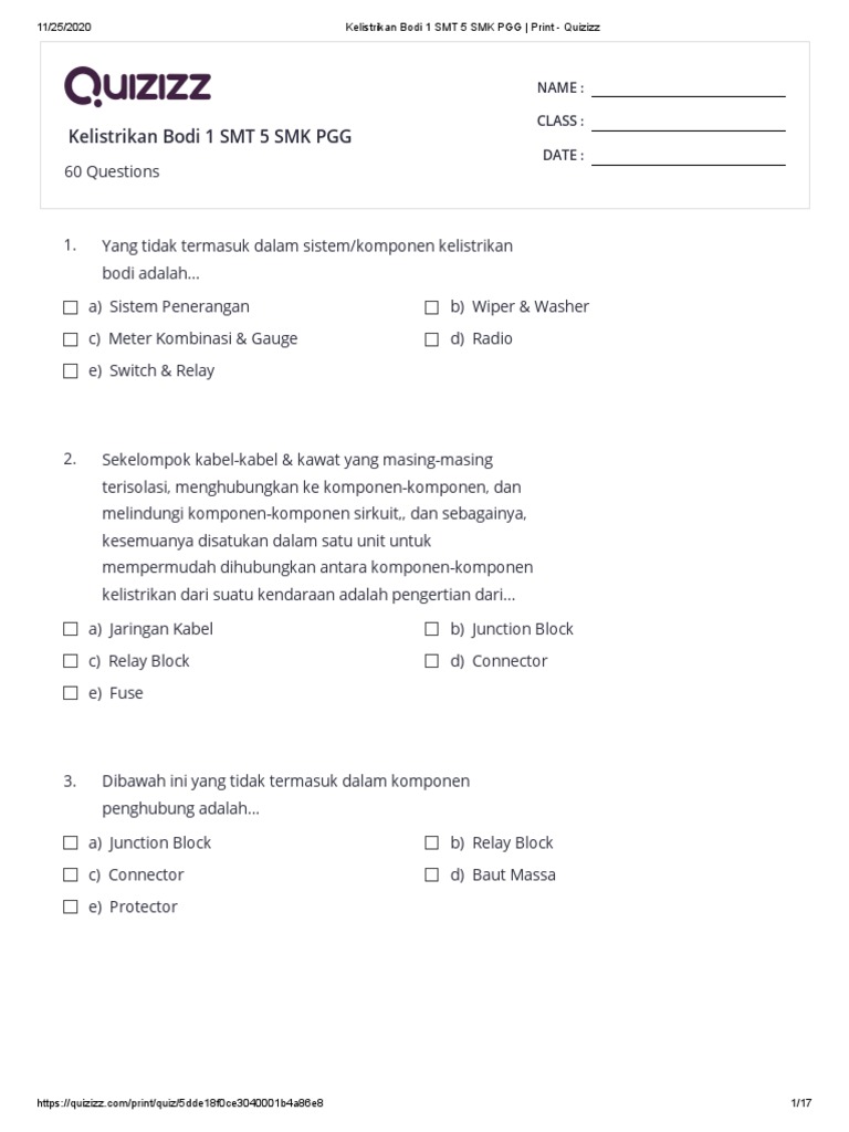 Kelistrikan Bodi 1 SMT 5 SMK PGG - Print - Quizizz | PDF