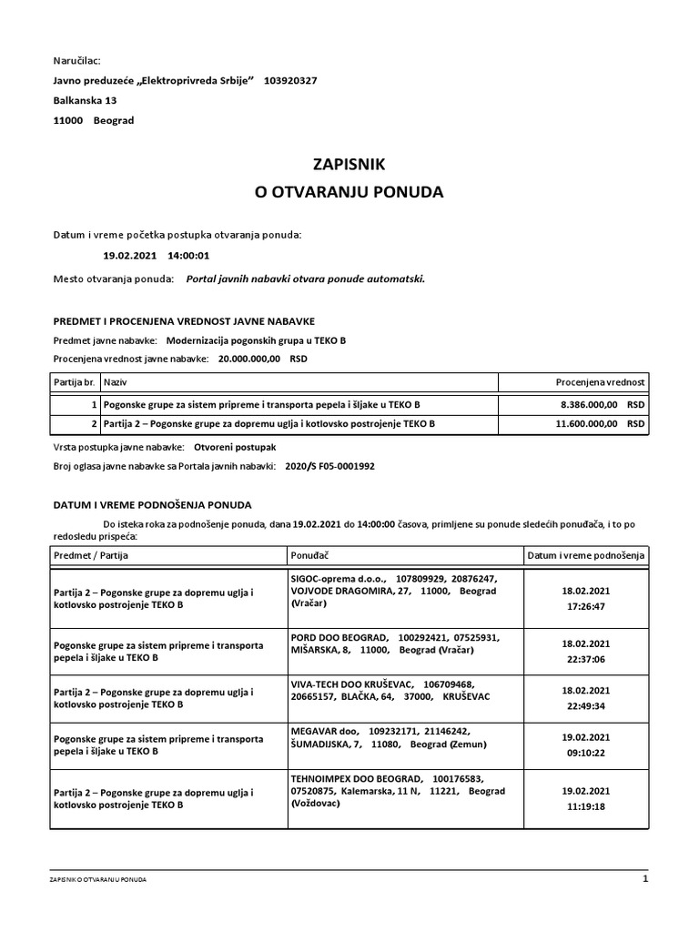 Zapisnik o Otvaranju Ponuda | PDF