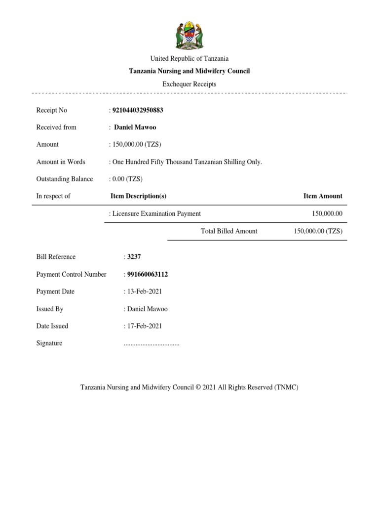 Tanzania Nursing Council Receipt for Licensure Exam Payment | PDF