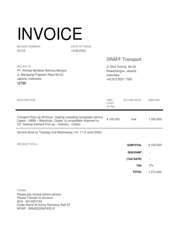 Invoice RAFF Transport Pick Up | PDF