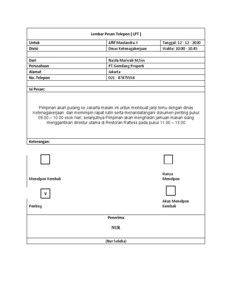 Contoh Lembar Pesan Telepon (LPT) | PDF