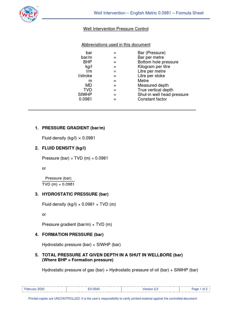 Well Intervention Pressure Control Formulas | PDF | Pressure | Chemical ...