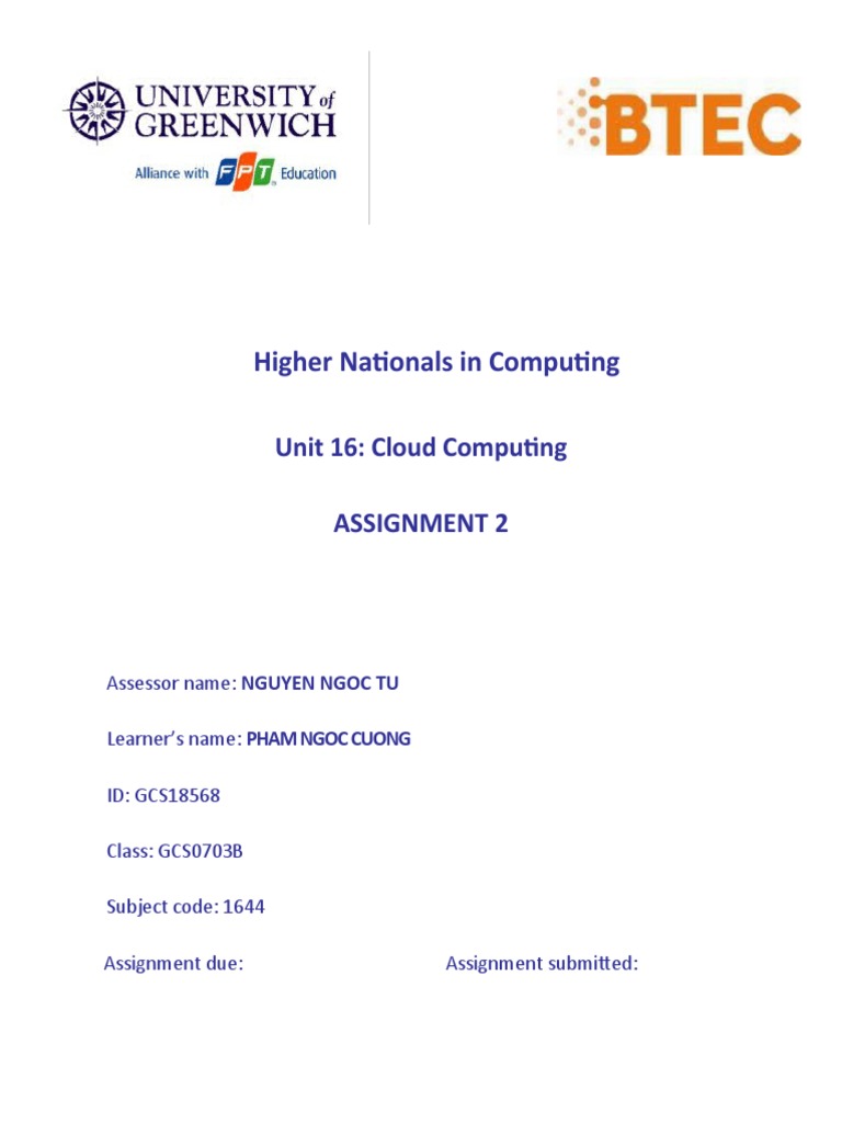 Higher Nationals in Computing: Unit 16: Cloud Computing Assignment 2 | PDF | Cloud Computing ...