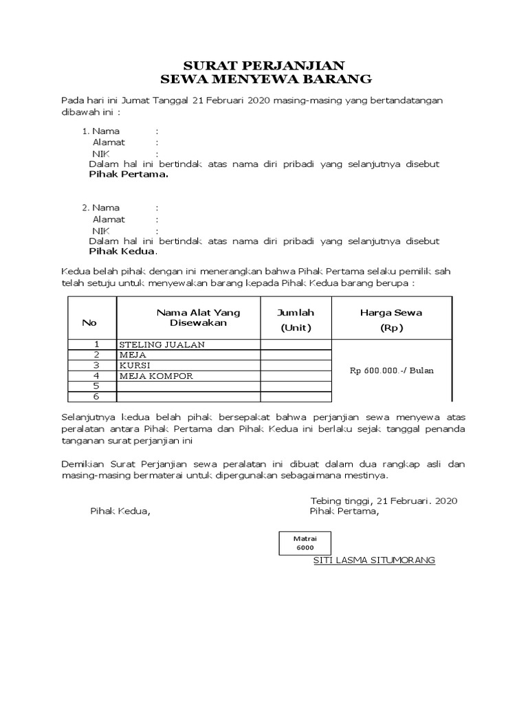 Form Surat Perjanjian Sewa Alat | PDF