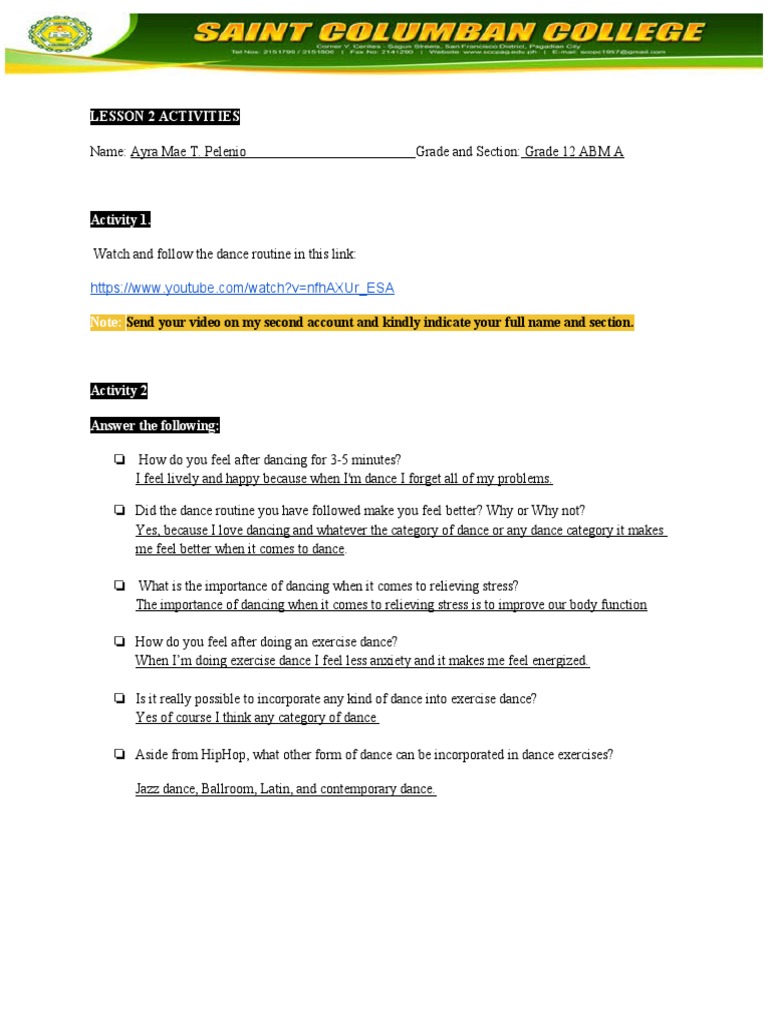 Lesson 2 Activities | PDF | Physical Fitness | Flexibility (Anatomy)